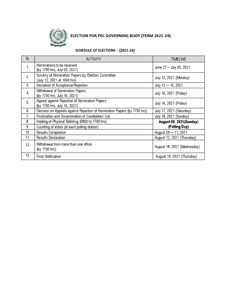 Schedule PEC Elections 2021 | PDF