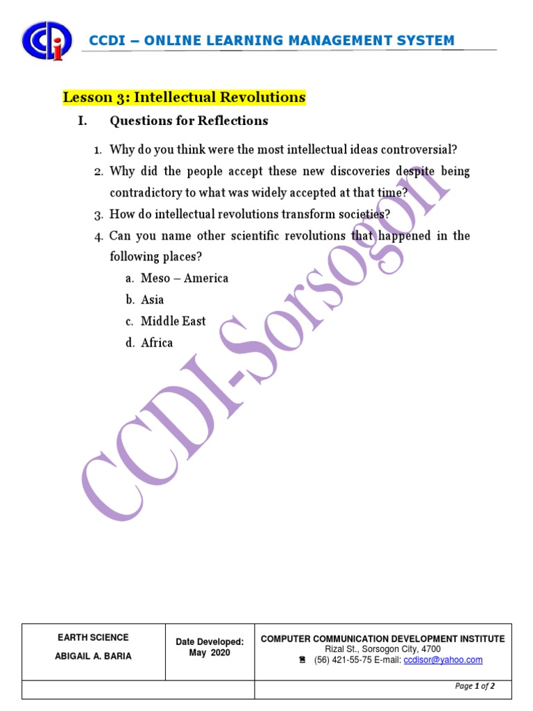 Lesson 3: Intellectual Revolutions: Ccdi - Online Learning Management System | PDF