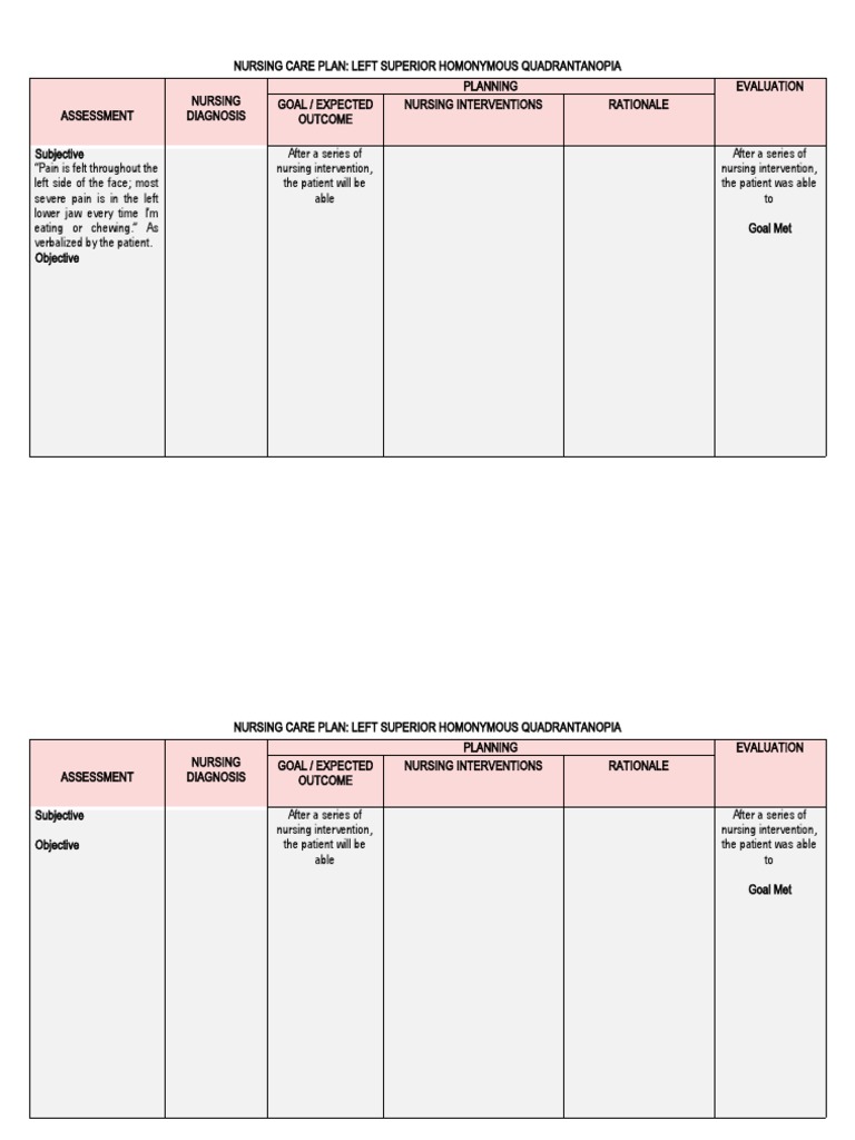 NCP - Left Superior Homonymous Quadrantanopia | PDF | Nursing | Perception