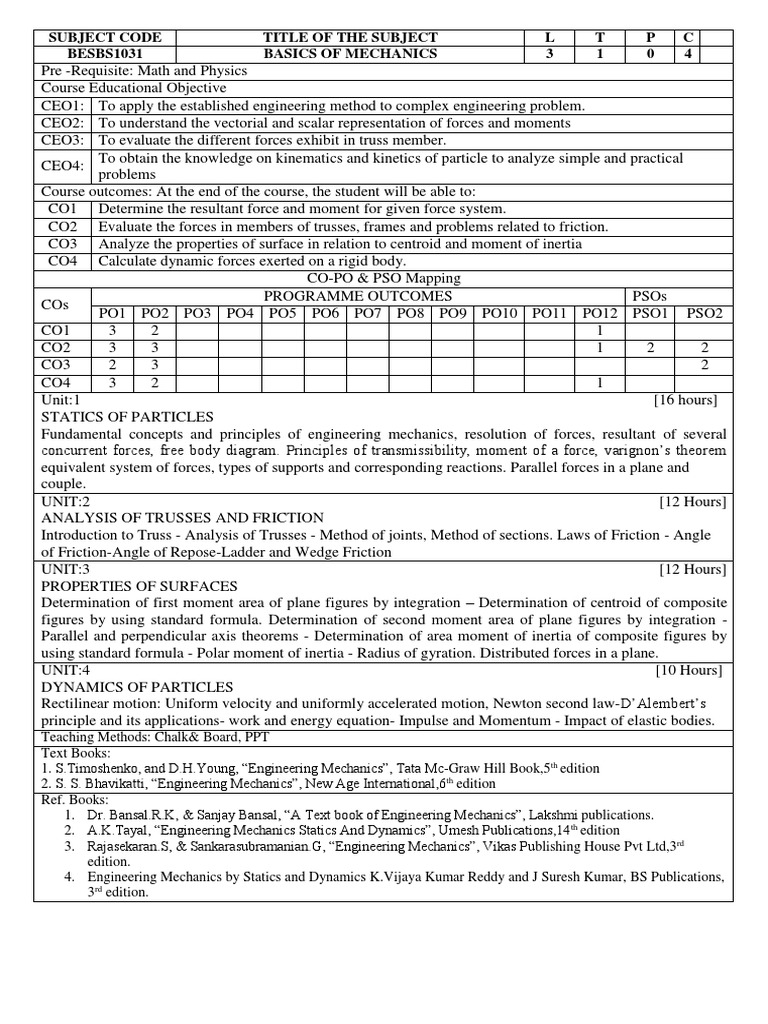 Subject Code Title of The Subject L T P C BESBS1031 Basics of Mechanics ...