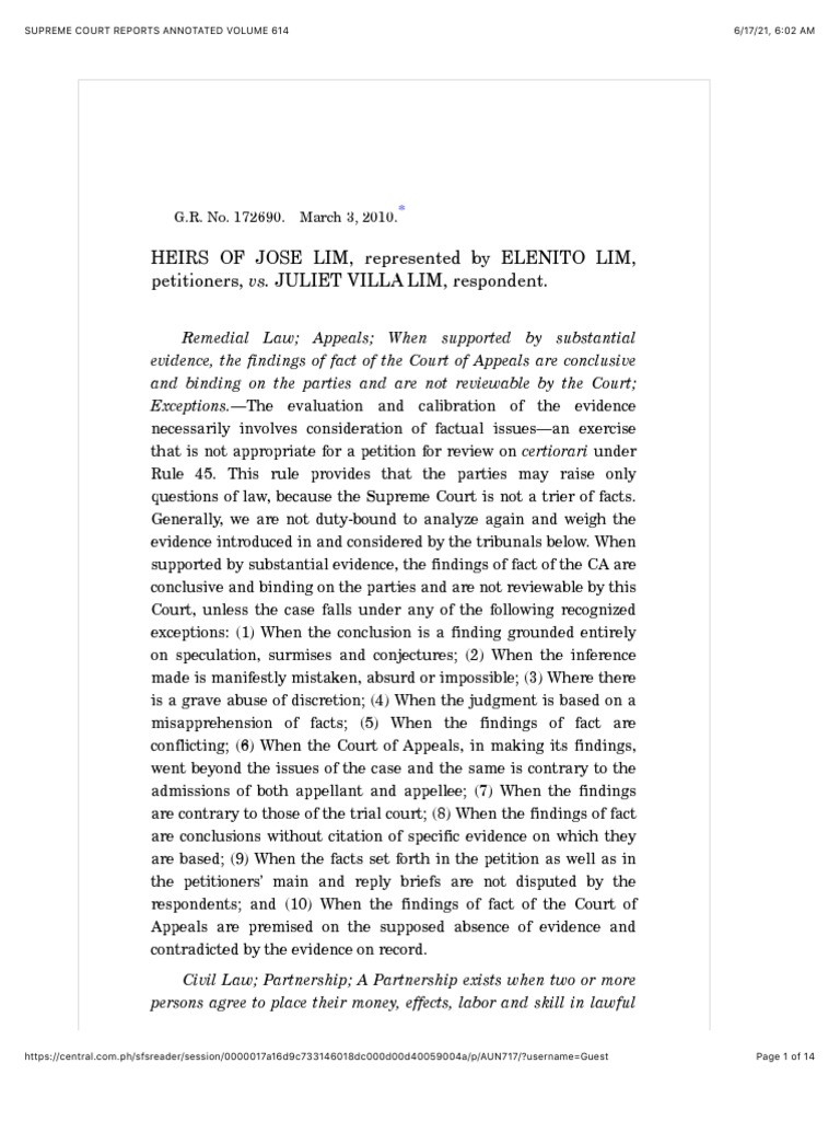 Heirs of Jose Lim and Juliet Lim, GR No. 172690, March 3, 2010 | PDF ...