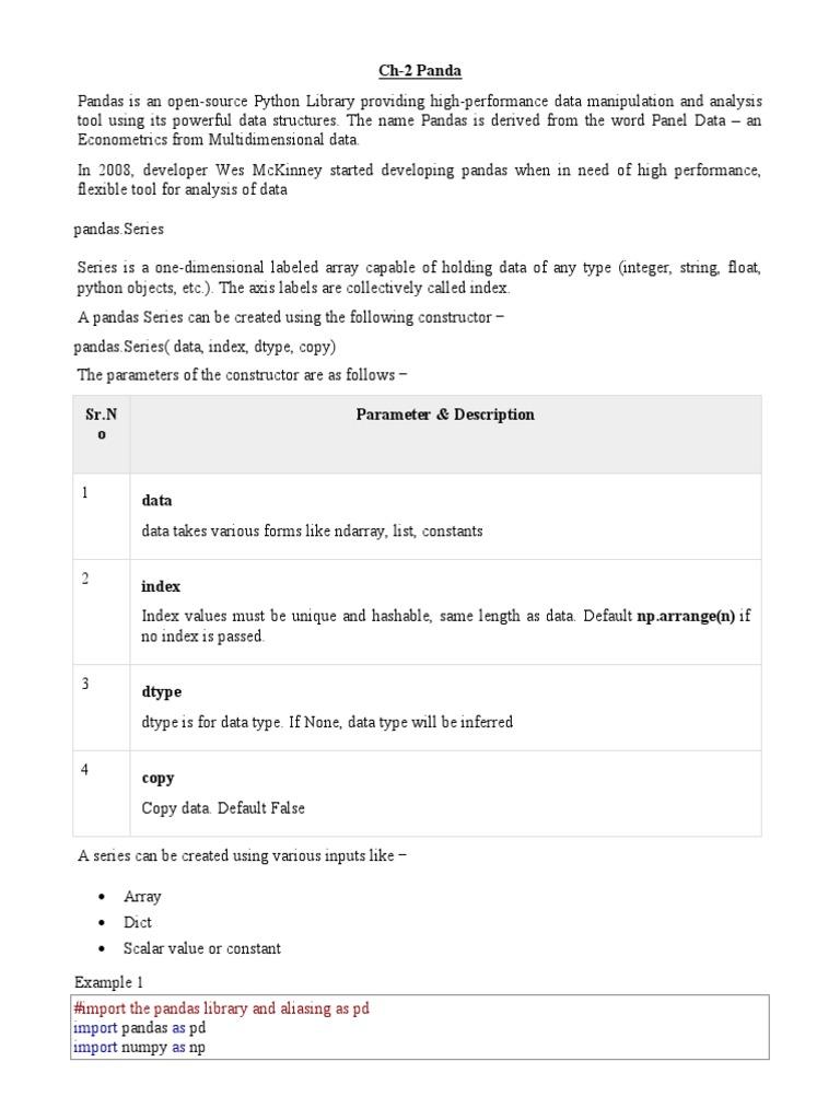 Ch-2 Panda: #Import The Pandas Library and Aliasing As PD | PDF | Array Data Type | Computer ...