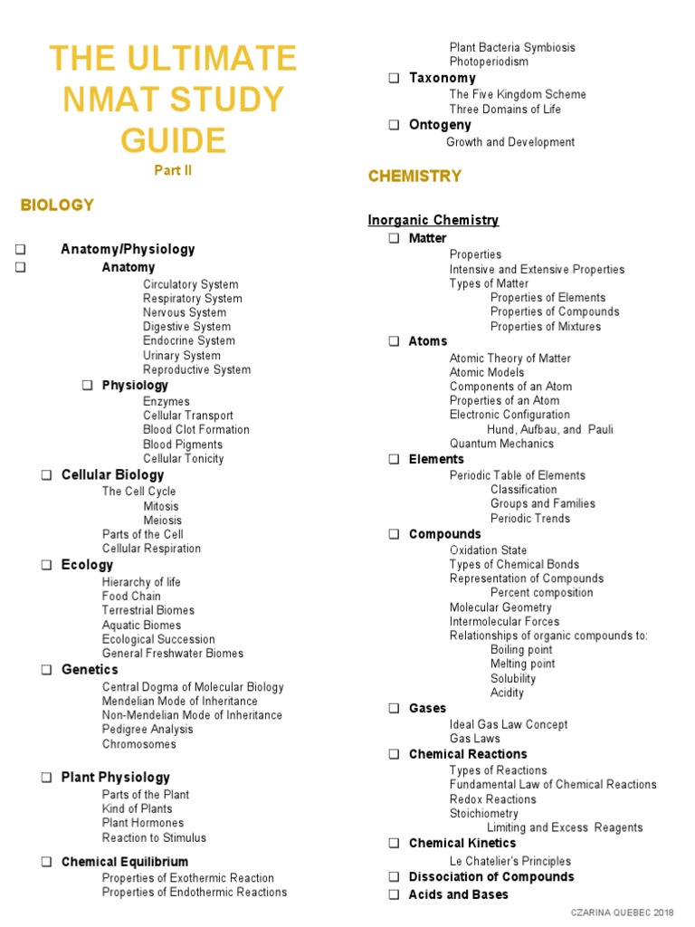 The Ultimate Nmat Study Checklist by Czarina | PDF | Chemical Reactions ...