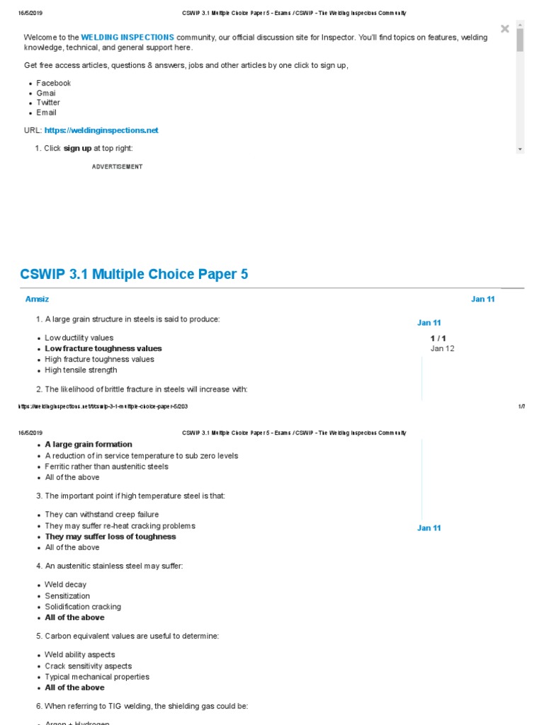 CSWIP 3.1 Multiple Choice Paper 5 - Exams - CSWIP - The Welding ...
