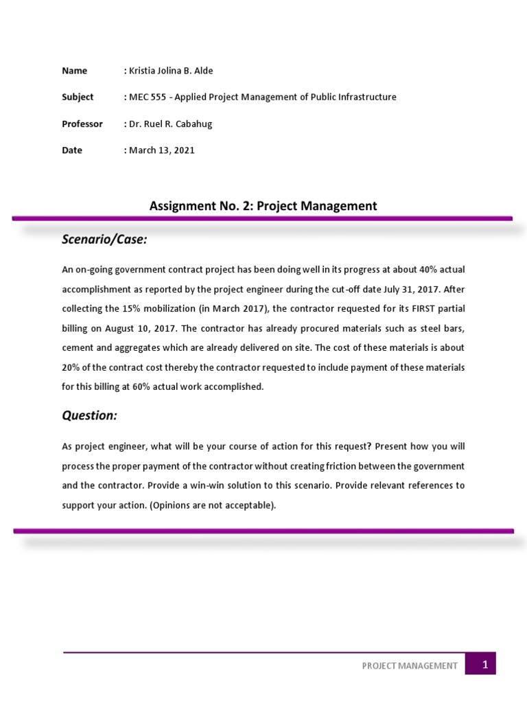Assignment No. 2: Project Management: Scenario/Case | PDF | Project ...