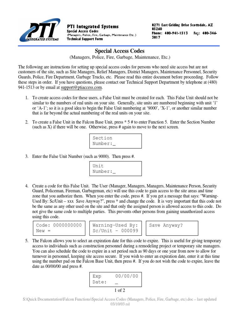 Special Access Codes: (Managers, Police, Fire, Garbage, Maintenance ...
