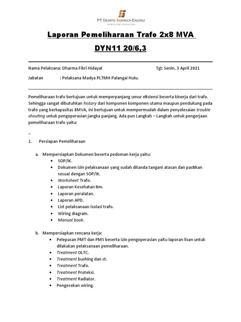 Laporan Pemeliharaan Trafo 2x8 MVA | PDF