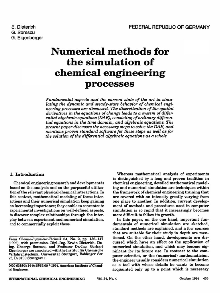 Numerical Methods For The Simulation of Chemical Engineering Processes ...