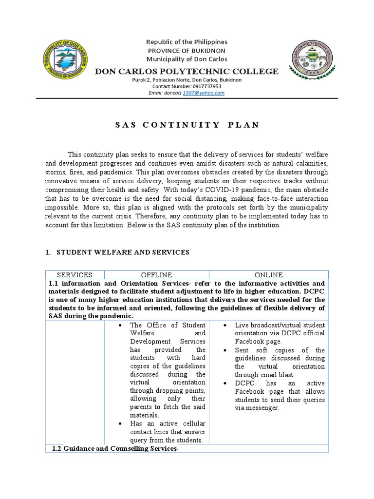 Don Carlos Polytechnic College: Sas Continuity Plan | PDF | Online And ...