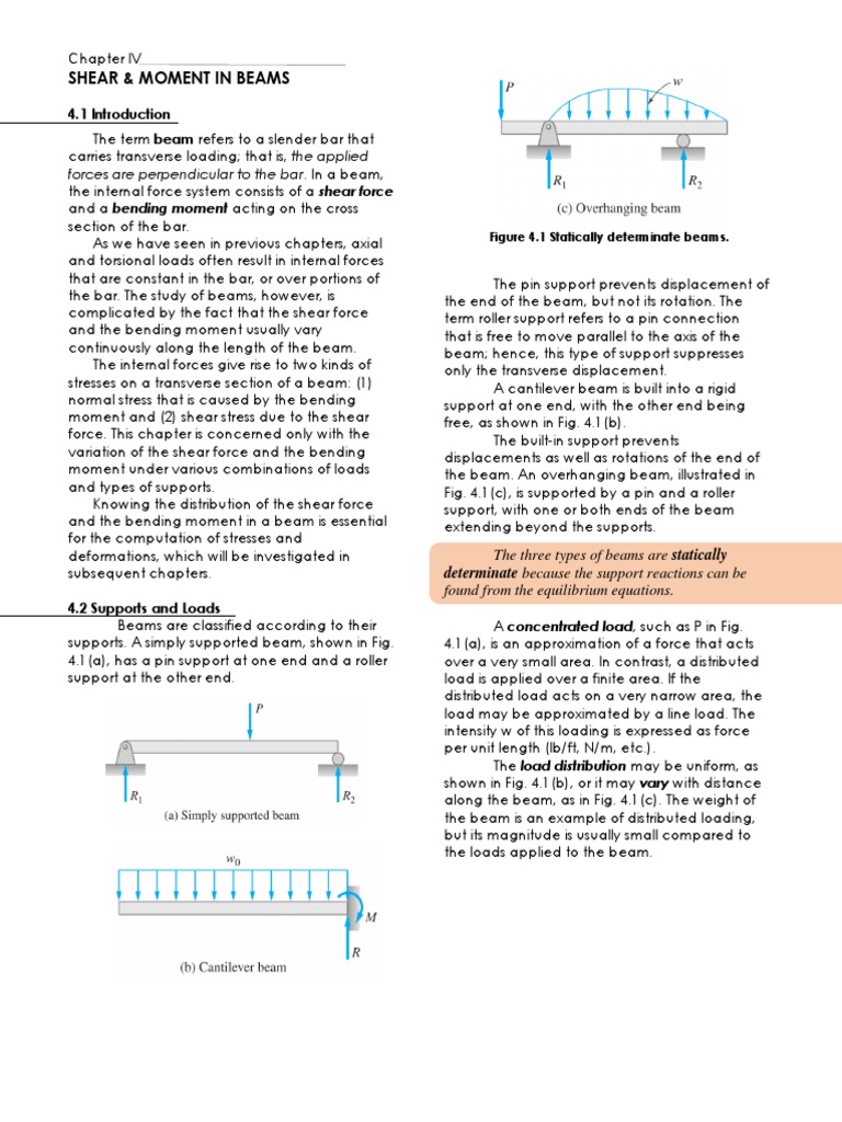 Chapter IV Shear and Moment in Beams 4.1 4.2 4.3 | PDF | Bending | Beam (Structure)