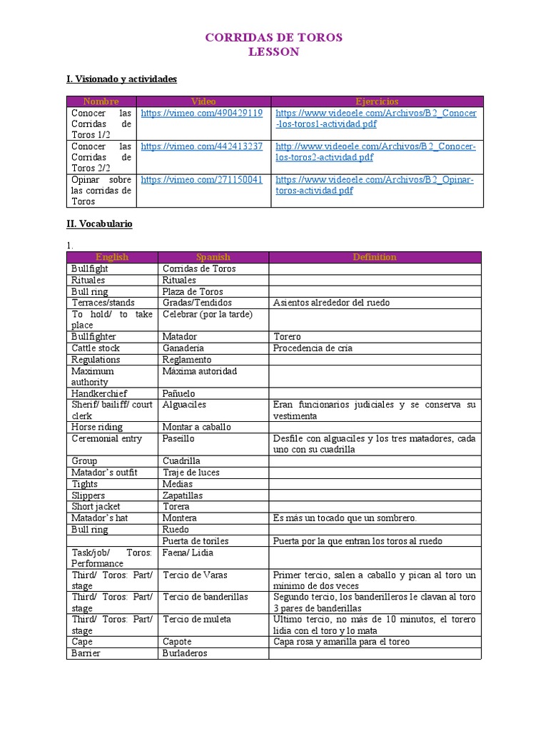 Corridas de Toros: Lección y Vocabulario | PDF | Bienestar de los ...