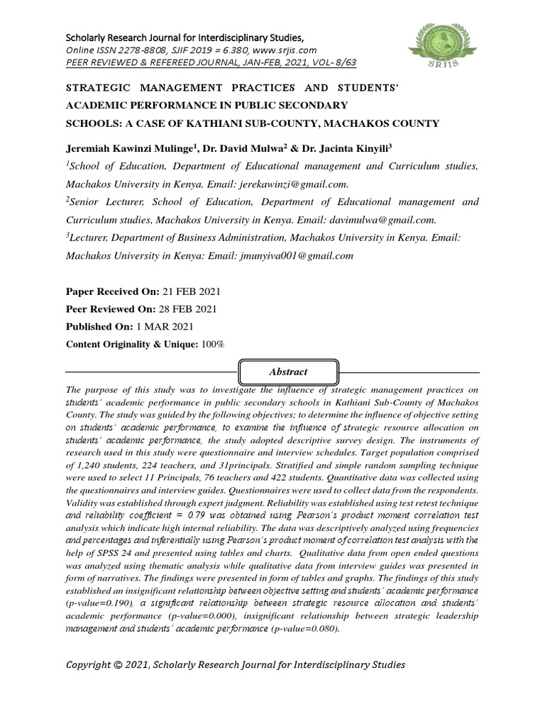 Strategic Management Practices and Students' Academic Performance in ...