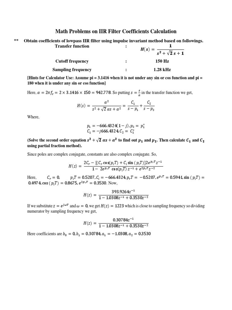 Math Problems On IIR Filter Coefficients Calculation | PDF | Low Pass ...