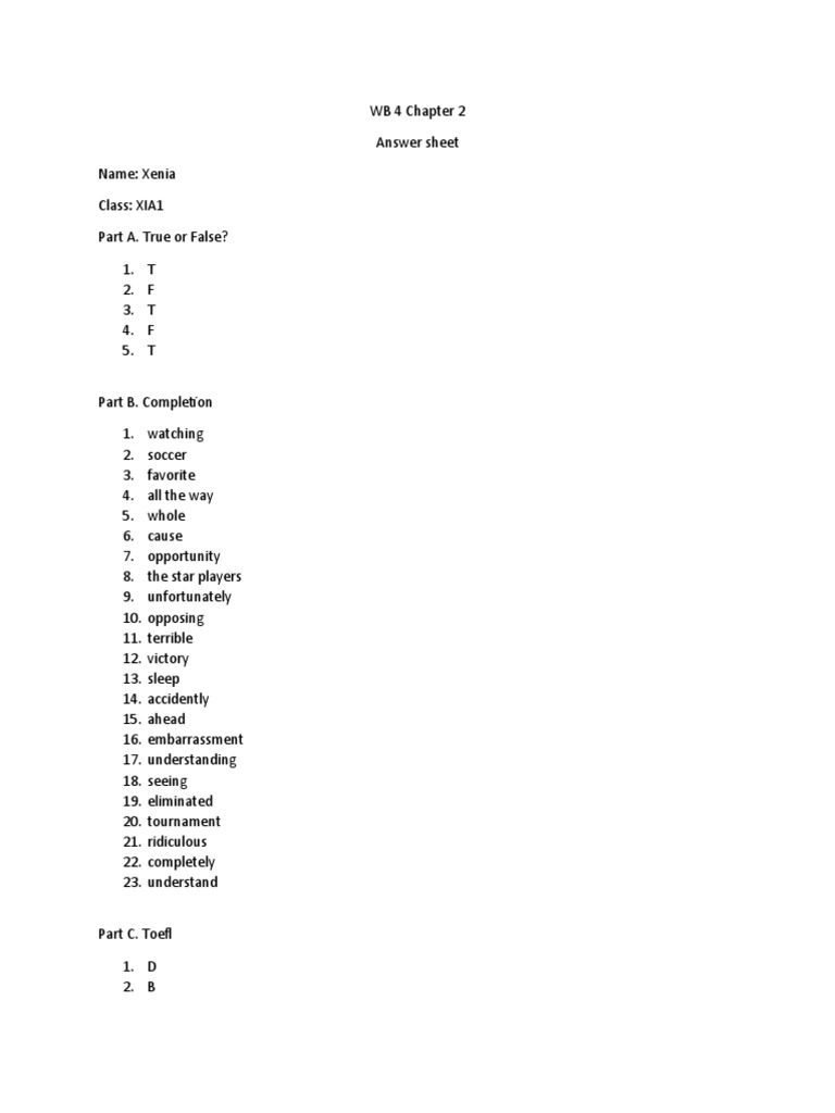 WB 4 Chapter 2 - Answer Sheet | PDF | Sports & Recreation