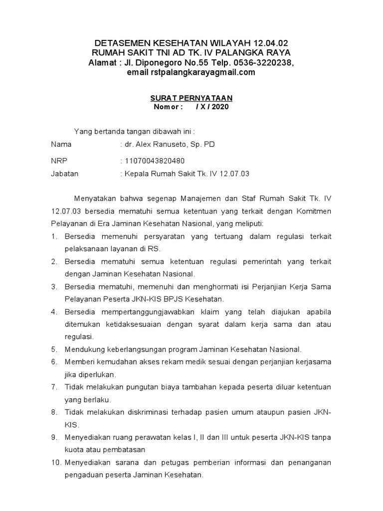 Surat Pernyataan Kesediaan Mematuhi Ketentuan JKN | PDF