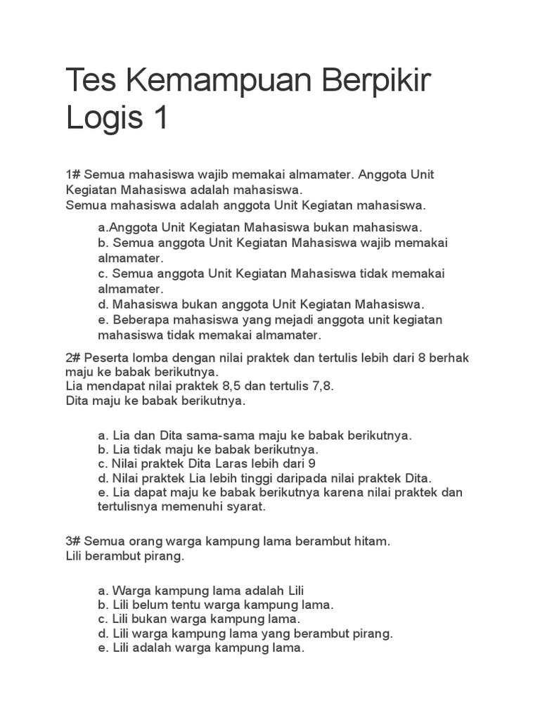 Tes Kemampuan Berpikir Logis 1 | PDF Tes Kemampuan Berpikir Logis 1 | PDF
