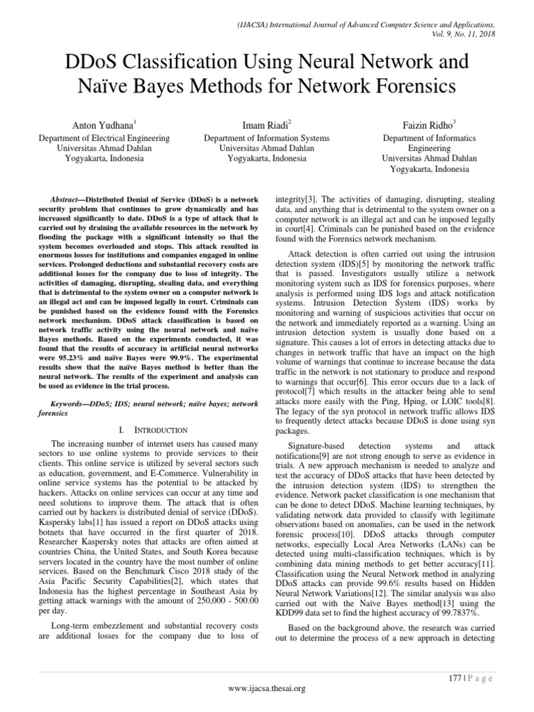 DDoS Classification Using Neural Network and Naive Bayes Methods For Network Forensics | PDF ...