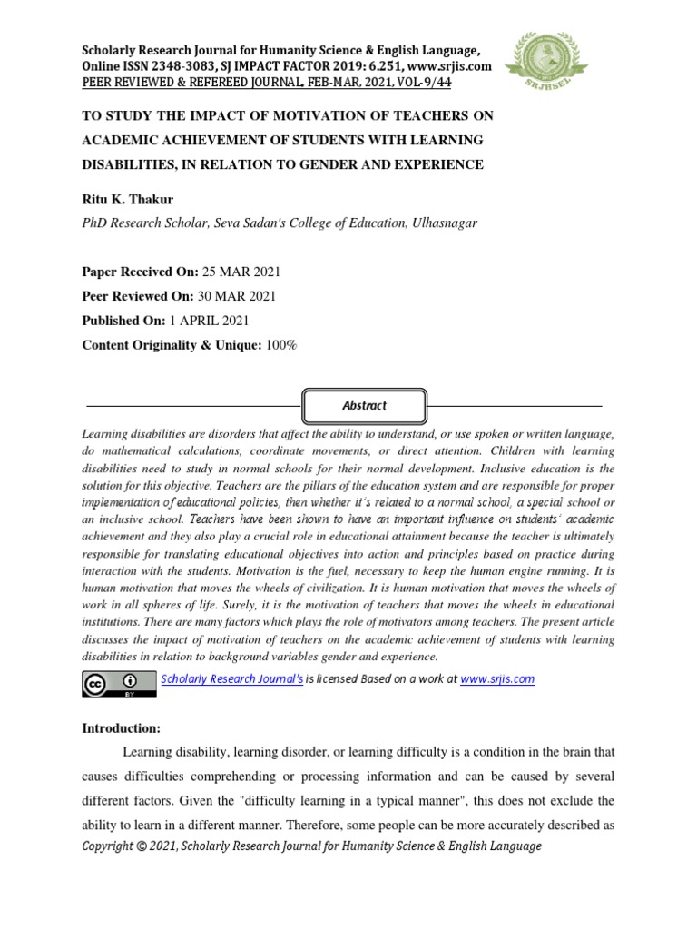 To Study The Impact of Motivation of Teachers On Academic Achievement ...