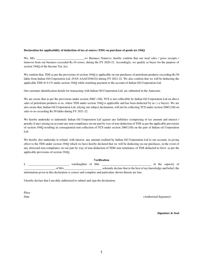 Declaration For Applicability of Deduction of Tax at Source (TDS) On ...