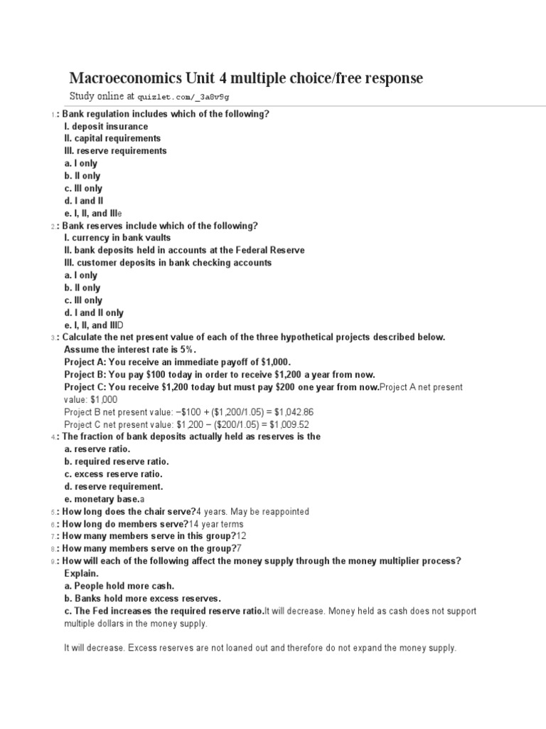 Macroeconomics Unit 4 Study Guide: Bank Regulation, Reserves, Present ...