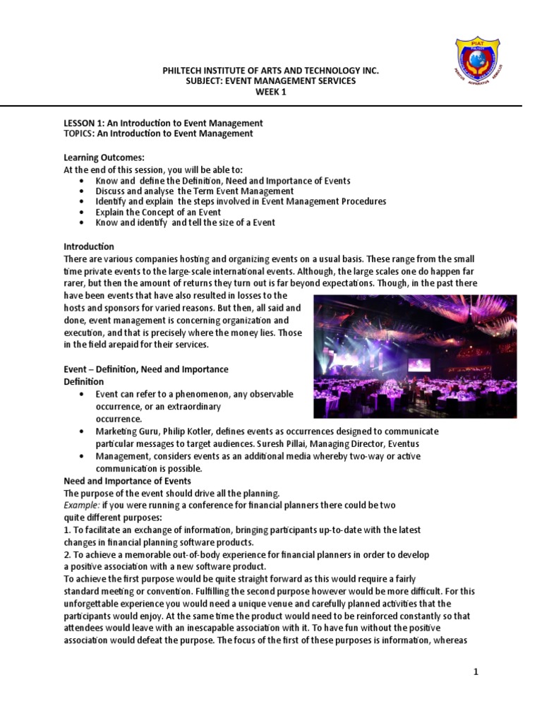 Philtech Institute of Arts and Technology Inc. Subject: Event Management Services Week 1 ...