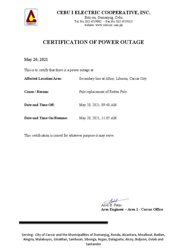 CERTIFICATION FOR POWER OUTAGE Albor Liburon Carcar | PDF