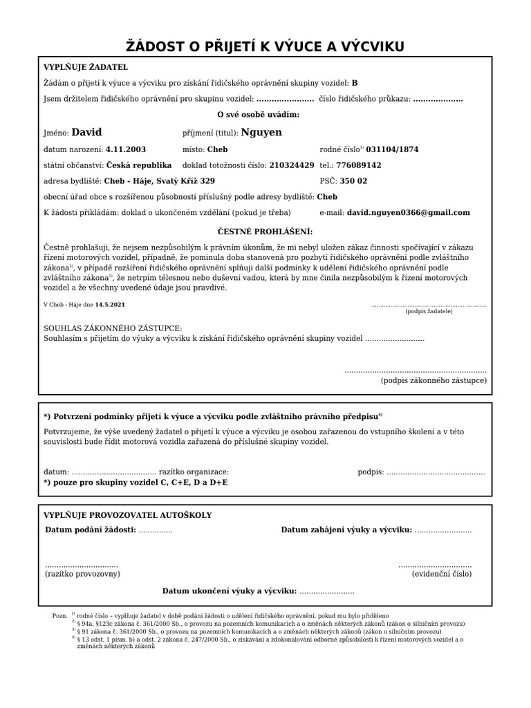 Prihlaska Do Autoskoly | PDF