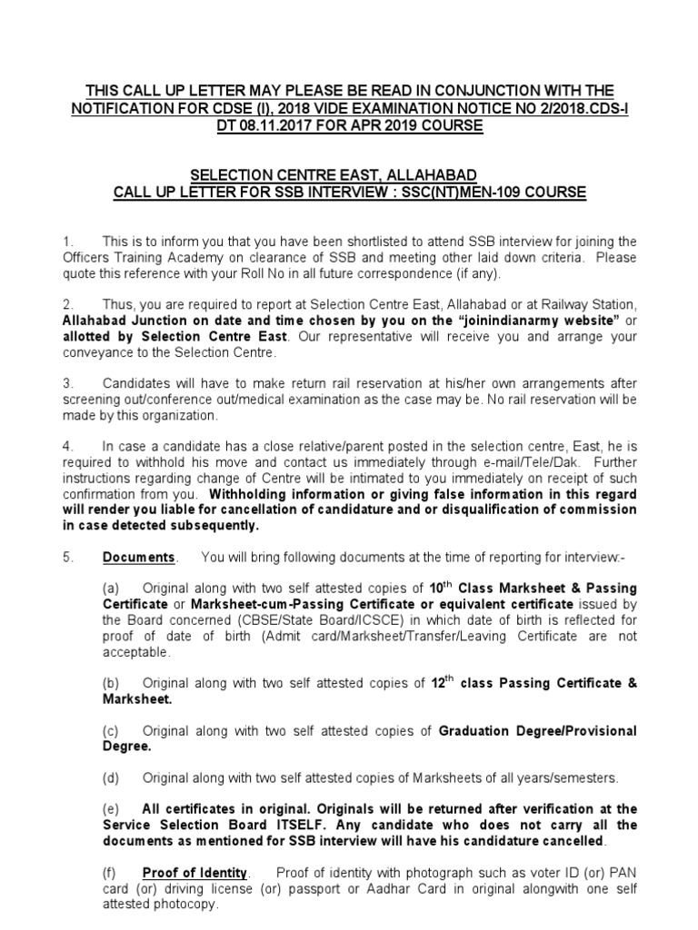 SSB Interview Call Up Letter for SSC(NT) | PDF | Identity Document ...