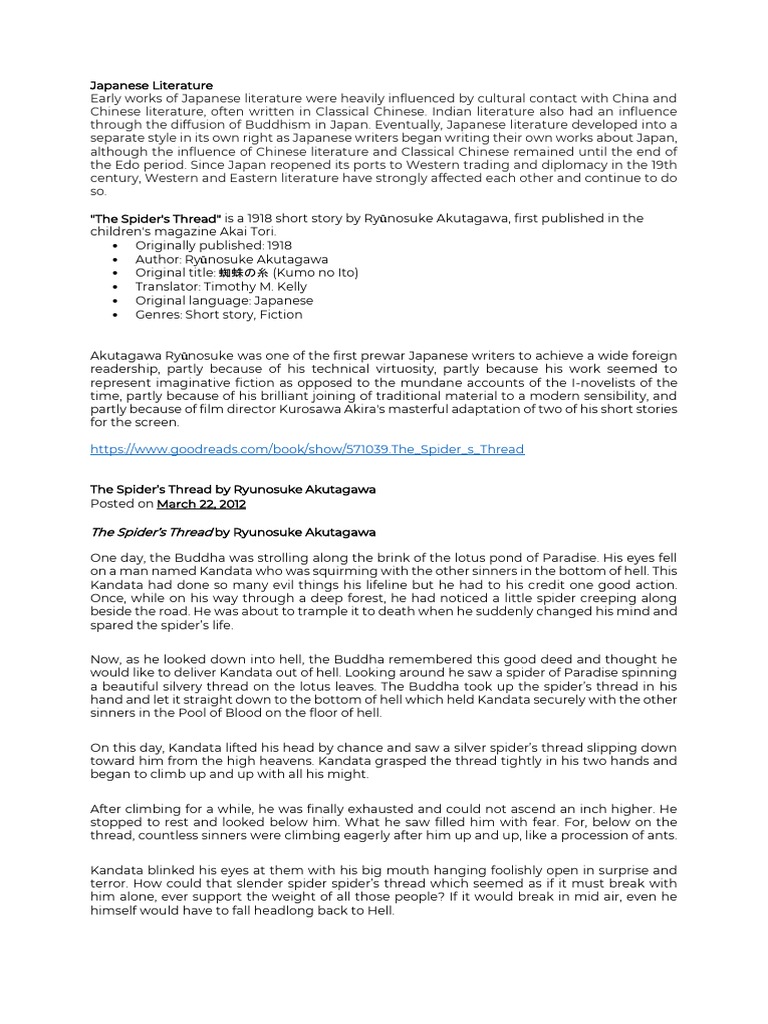 Japanese Story The Spider's Thread | PDF | Japanese Literature | Hell