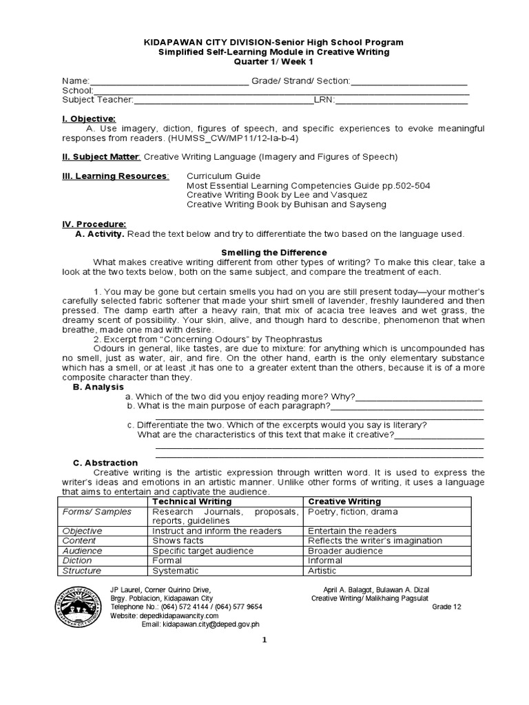 w1 Humss Creative Writing | PDF | Senses | Writers