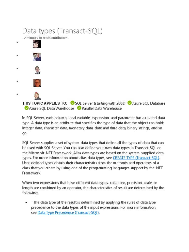 Data Types Transact Sql This Topic Applies To Pdf Microsoft Sql Server Data Type