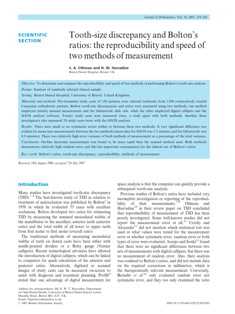 Tooth-Size Discrepancy and Bolton's Ratios: The Reproducibility and ...