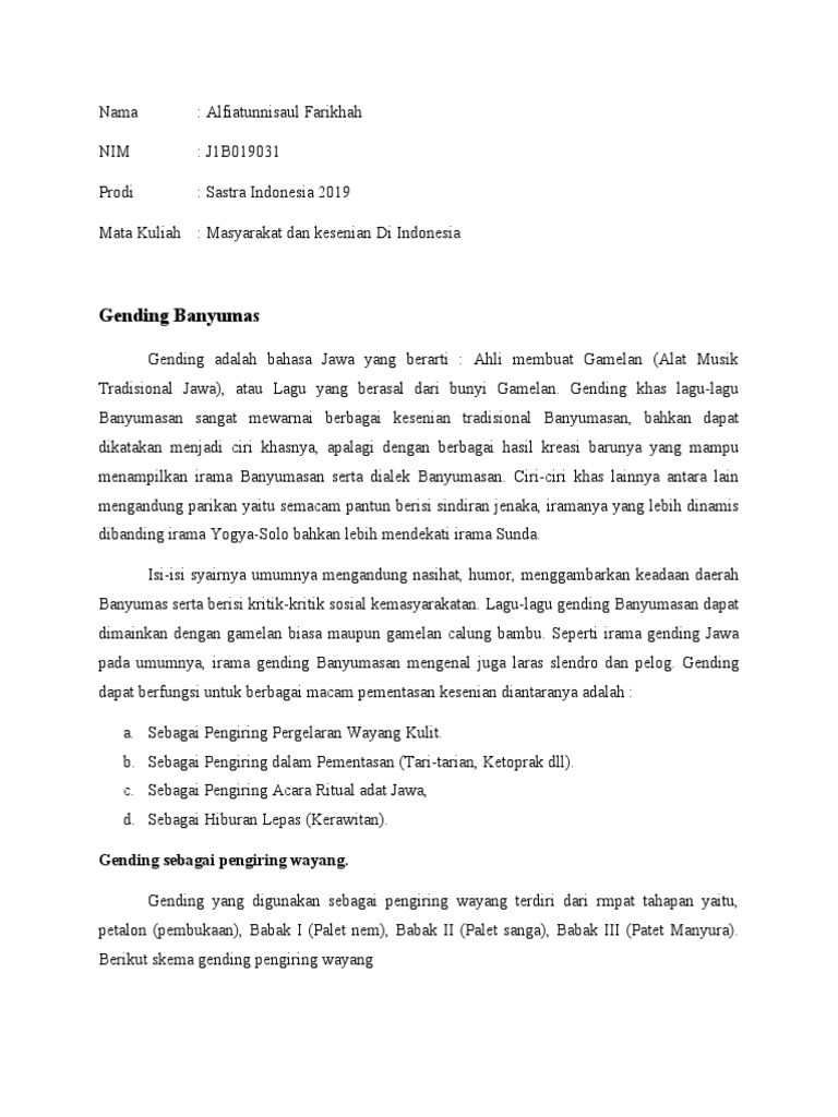 j1b019031 Alfiatunnisaul Farikhah Gending Banyumasan | PDF