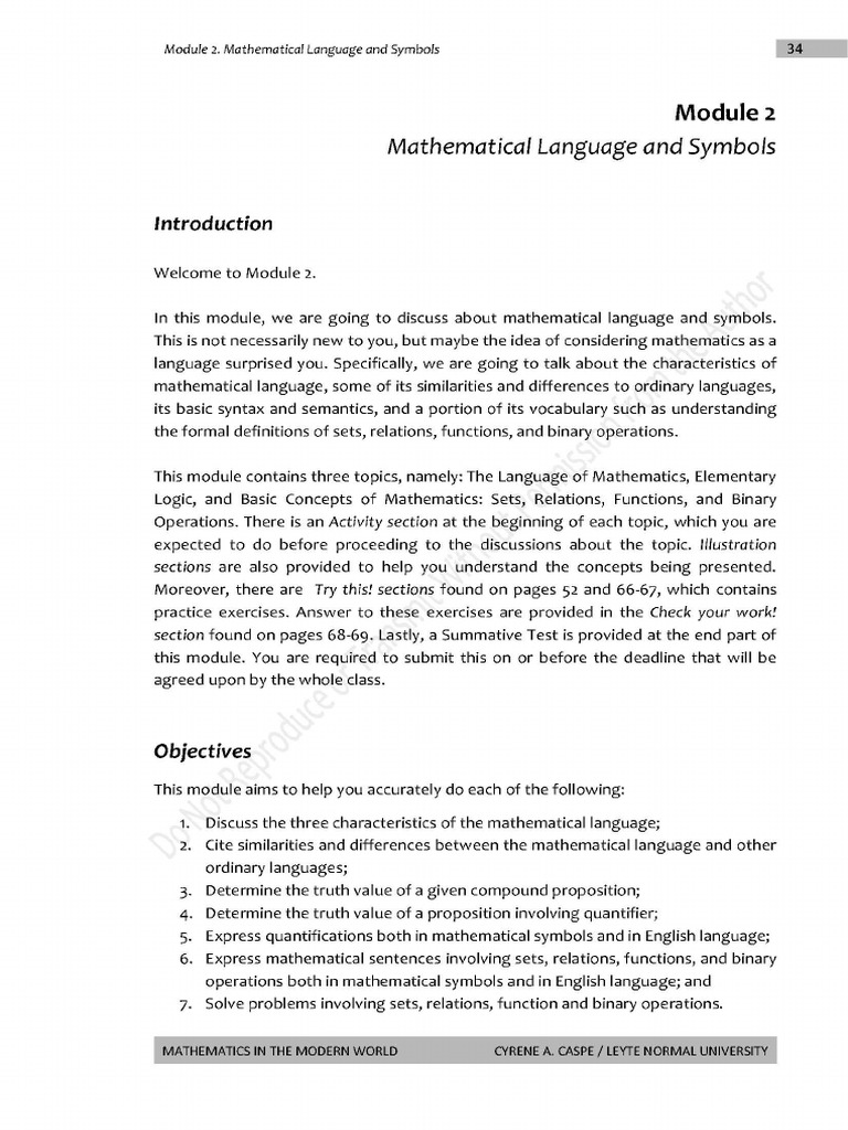 Module 2 - Mathematical Language and Symbols | PDF