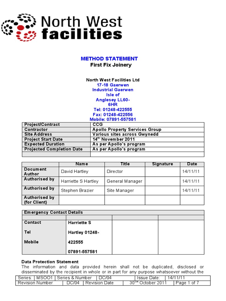First Fix Joinery Method Statement | PDF | Framing (Construction ...