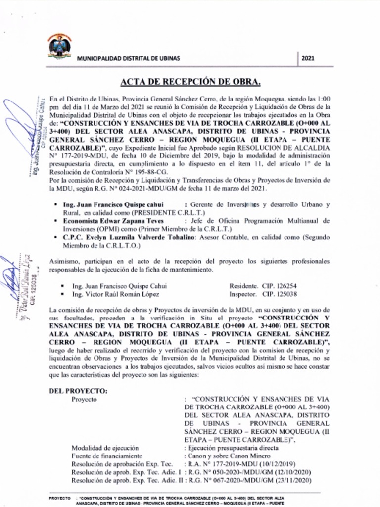 Acta de Recepcion Trocha Alea | PDF