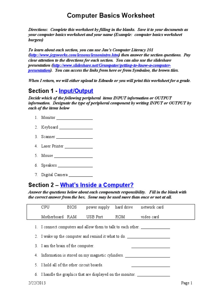 Computer Basics Worksheet | PDF | Window (Computing) | Computer Hardware