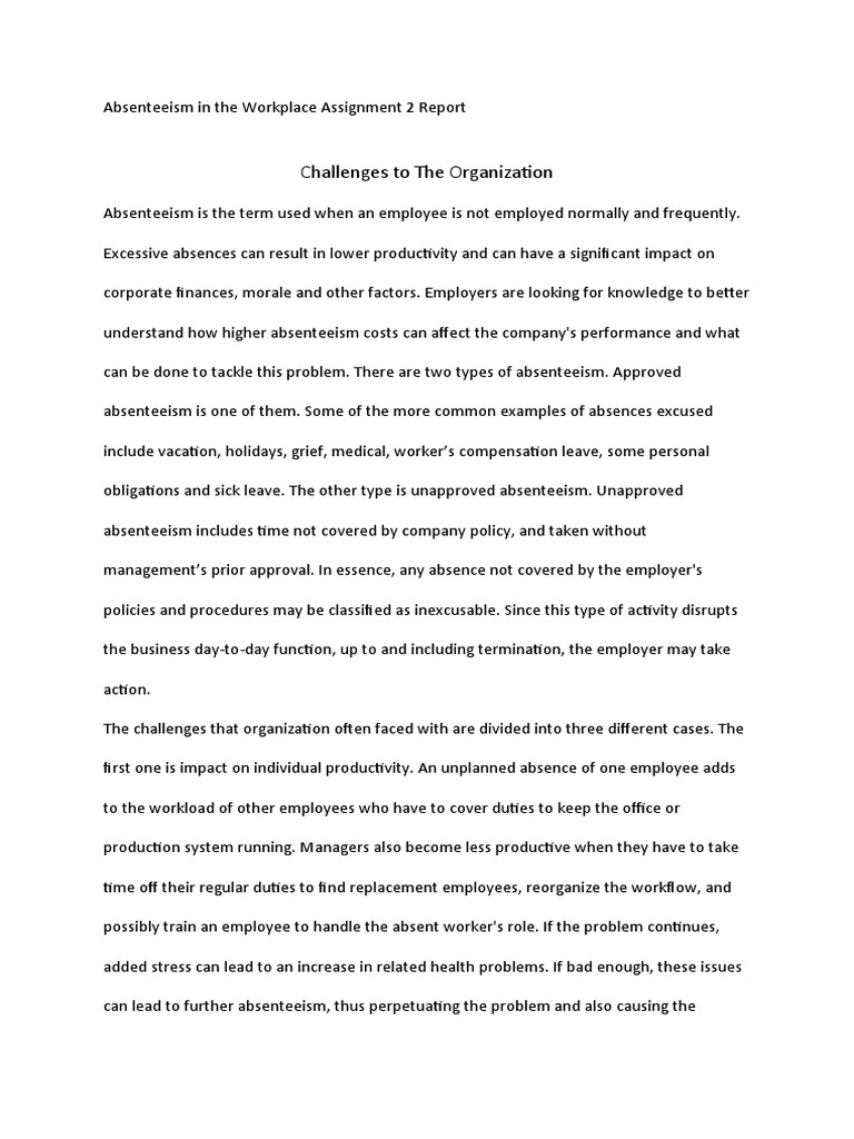Absenteeism in The Workplace Assignment 2 Report | PDF | Industrial And ...