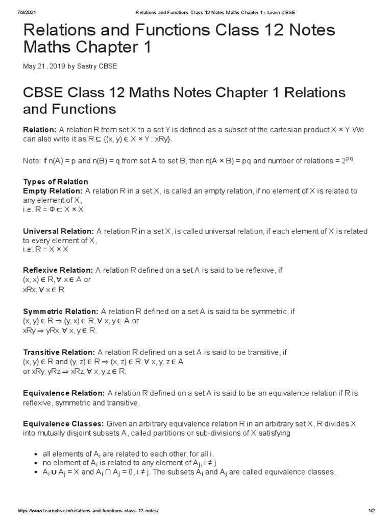 CBSE Class 12 Maths Notes Chapter 1 Relations and Functions | PDF ...