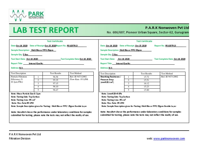 Lab Test Report: P.A.R.K Nonwoven PVT LTD | PDF | Chemistry | Chemical ...