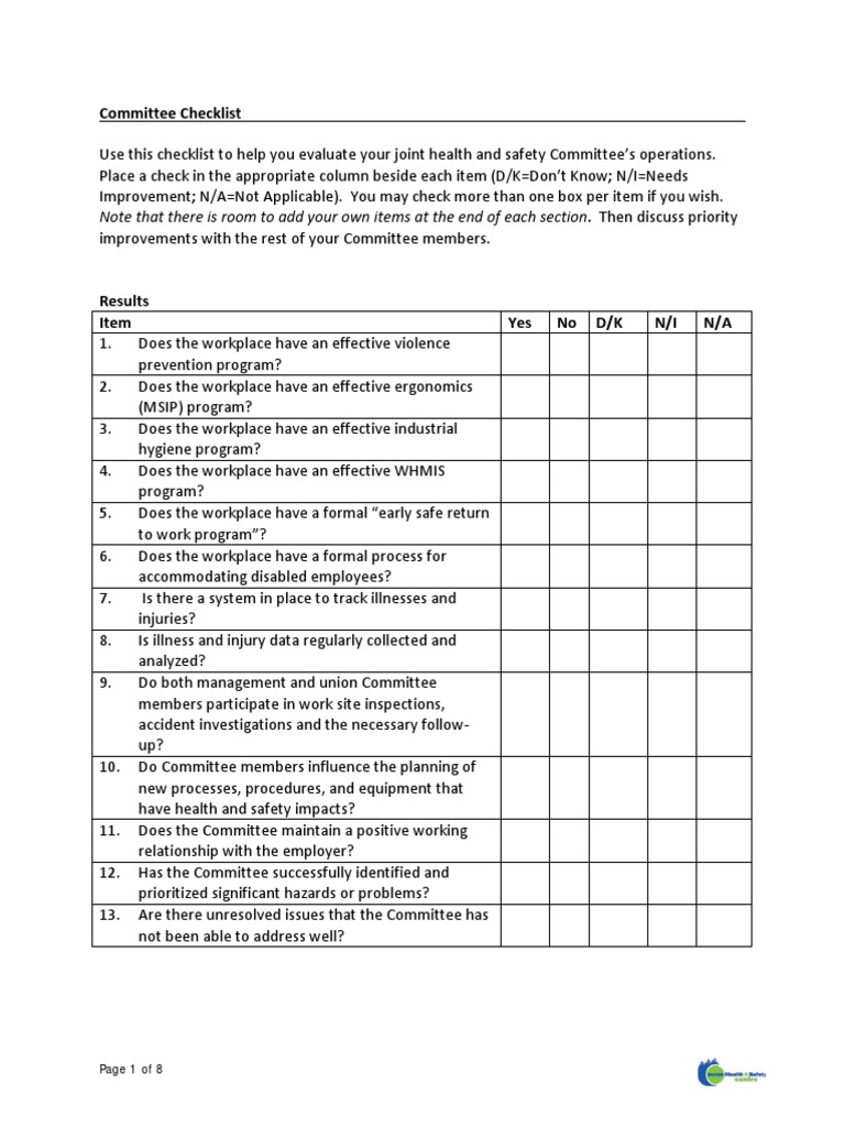 Committee Checklist | PDF | Occupational Safety And Health | Brainstorming