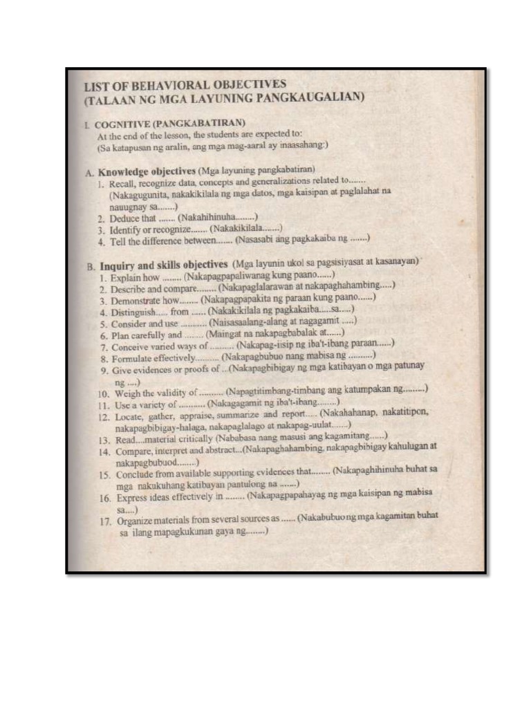 Taxonomy of Objectives in Filipino | PDF