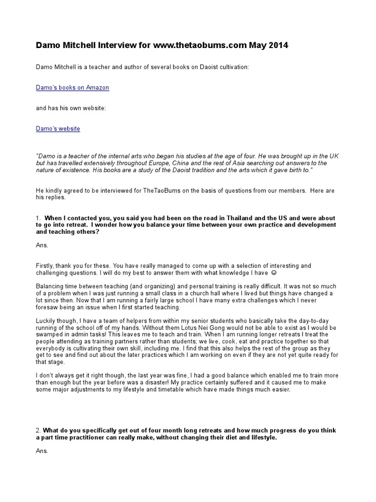 Damo Mitchell's Interview For TheTaoBums May 2014 | PDF | Career ...