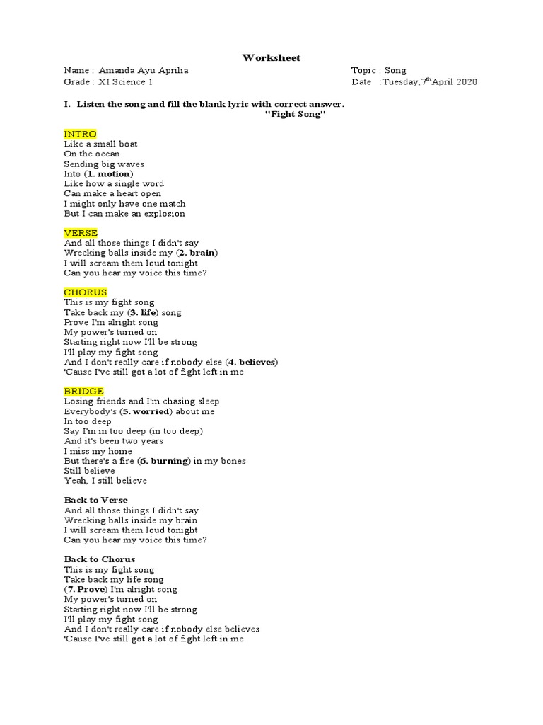Worksheet Fight Song | Download Free PDF | Song Structure