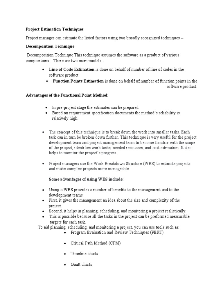 Project Estimation Techniques: Some Advantages of Using WBS Include ...