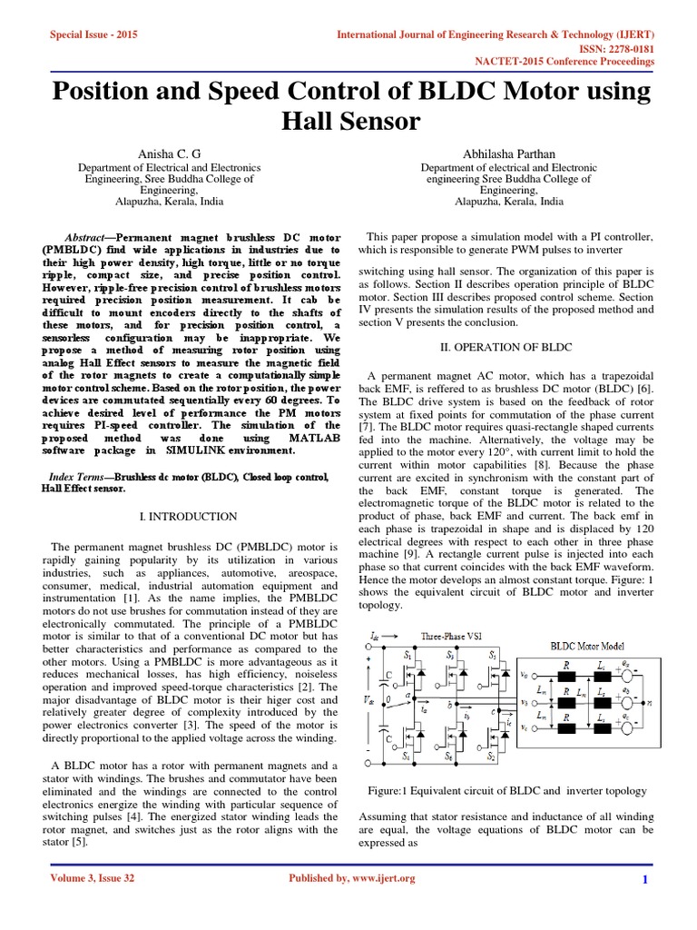 Position and Speed Control of BLDC Motor Using Hall Sensor ...