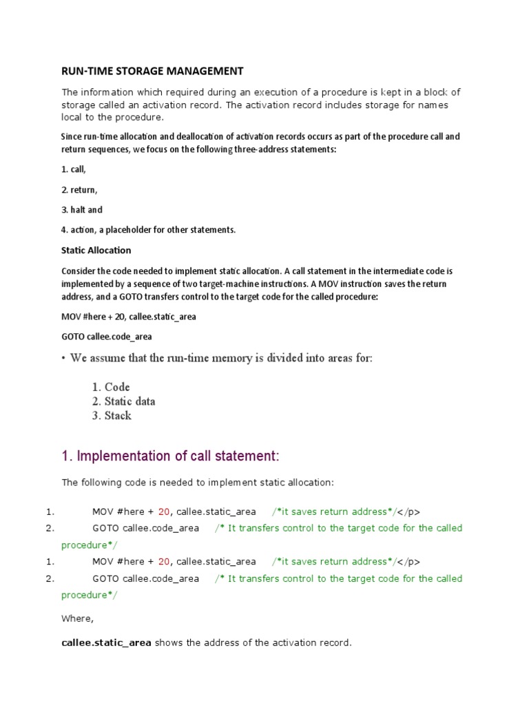 Exploring Run-Time Storage Management and Techniques for Implementing Procedure Calls and ...