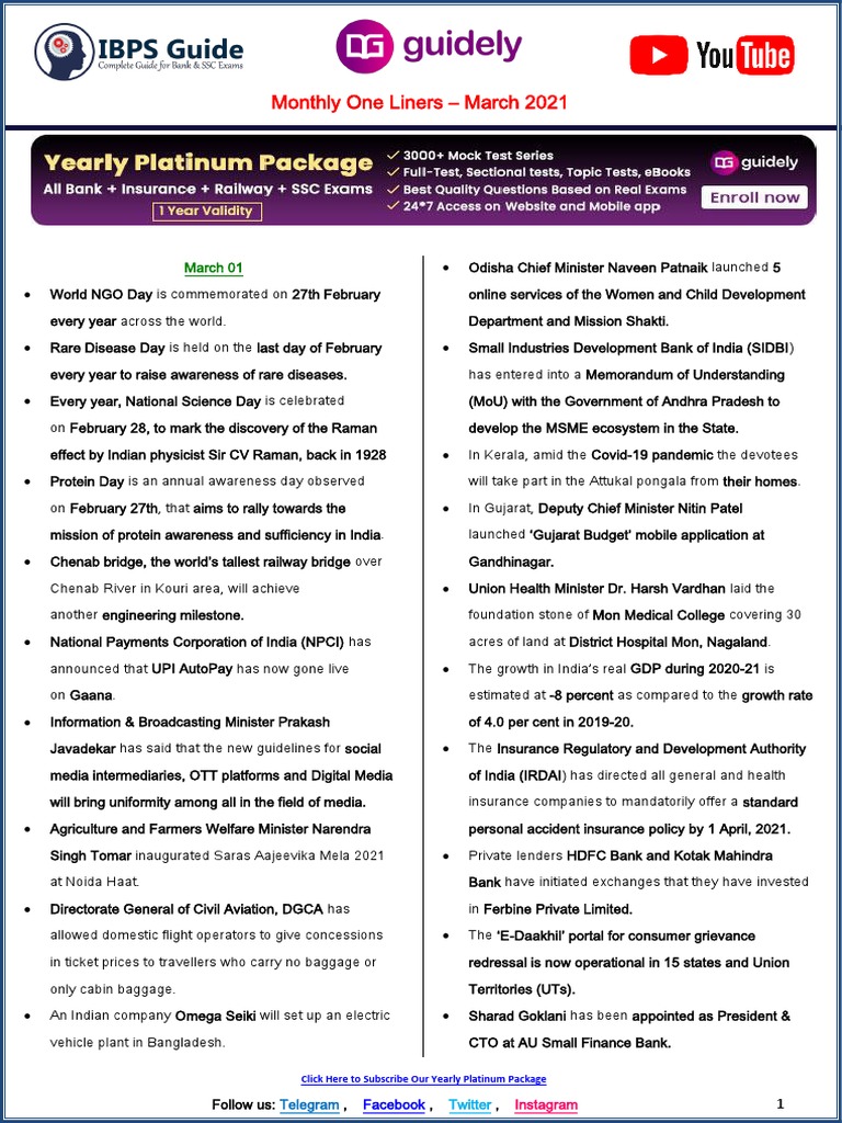 Monthly One Liners - March 2021 | PDF | Social Science | Science ...