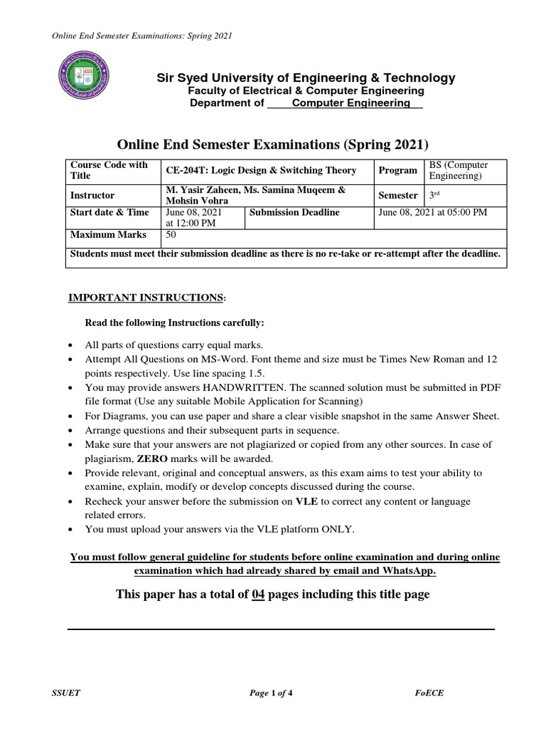SSUET Spring 2021 Exam Guide | PDF | Computer Engineering | Computer ...