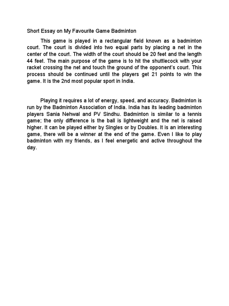 Short Essay On My Favourite Game Badminton PDF Games Activities